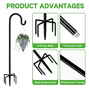 Garden Shepherd Hook Outdoor with 5 Prong Base, Bird Feeder Pole Hanger Holder Stand, Adjustable Heavy Duty Solar Light Plant Lantern Hanger Holder, Wedding Decor Black