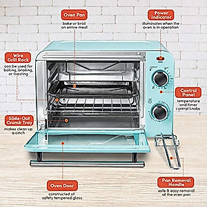Elite Gourmet Americana ETO1200BL# Vintage Diner 50’s Retro Countertop Toaster Oven, 1300W, Bake, Broil, Toast, with Temperature Control & Adjustable 60-Minute Timer, Fits 9” Pizza, 4 Slice