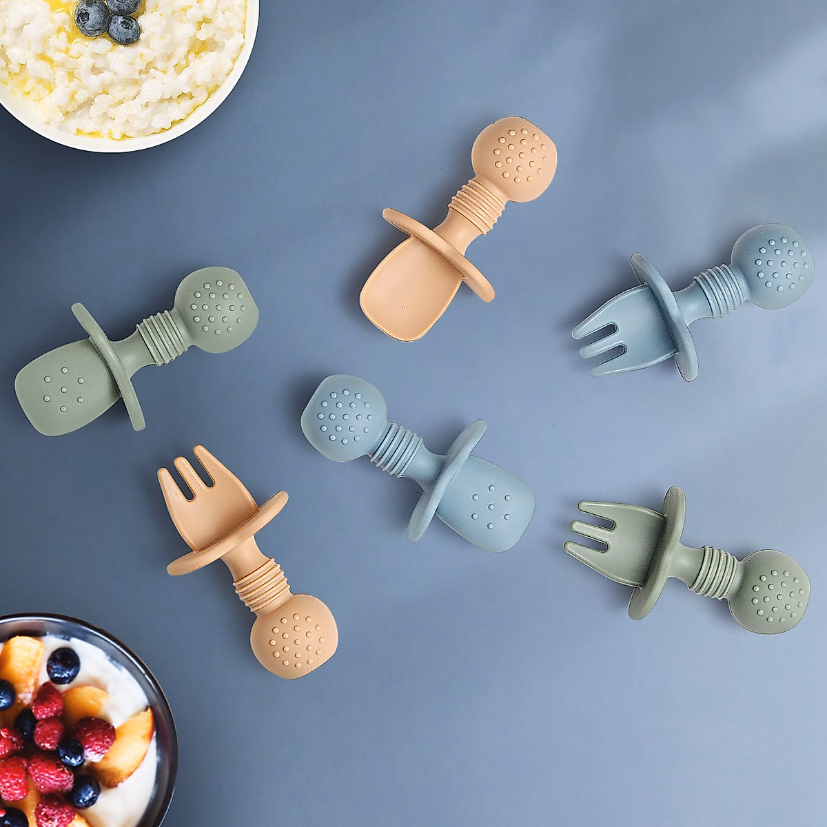 Eascrozn Baby Spoons and Forks Feeding Set, 6 Pack Silicone First Stage Self Feeding Toddler Utensils, BPA Free, Baby Led Weaning Supplies for Training Spoons