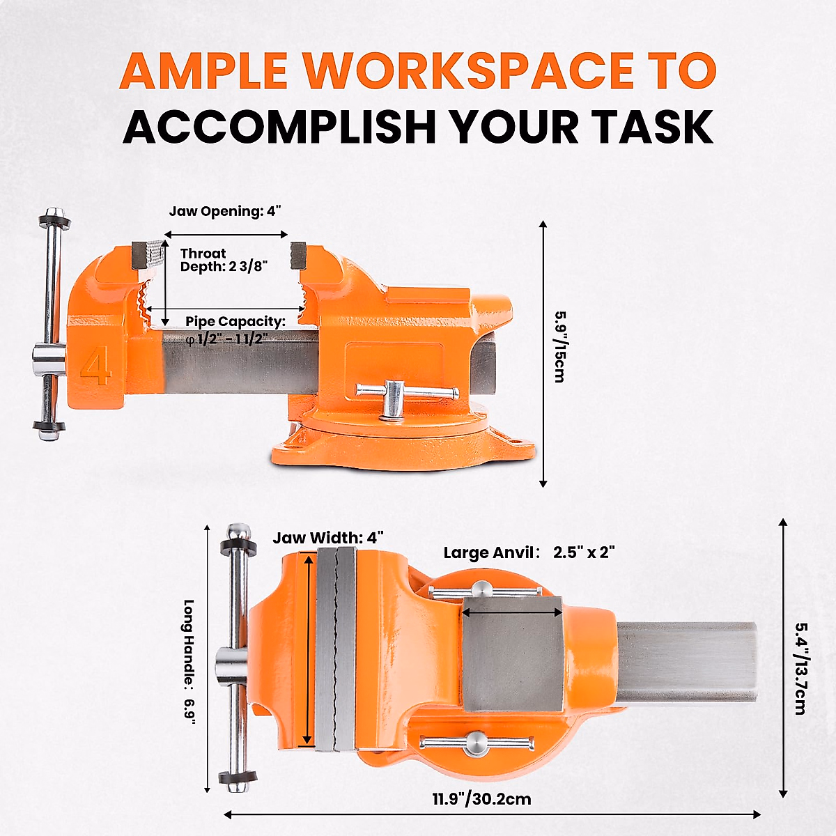 Forward Bench Vise 4 Inch Ductile Iron Bench Vice with 360 Degree Swivel Base and Channel Steel Guide Bar 30404 (4")