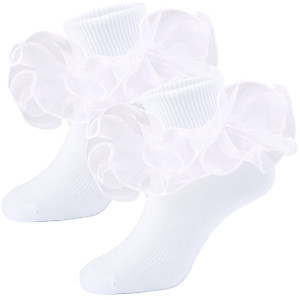 Mini angel Girls Ruffle Socks Double Lace Frilly Dress Socks Kids Turn Cuff Socks for Little Girls 2 Pack (White, 4-6 Years)