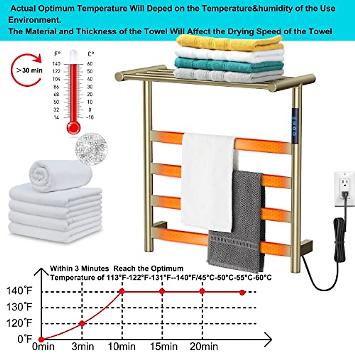 VJASS Towel Warmer,4 Bar Towel Heater Rack with Top Shelf,SUS304 Stainless Steel Brushed Gold, Wall-Mounted Bath Towel Heater for Bathroom