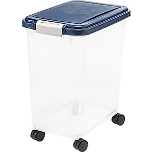 IRIS USA 25 Lbs / 33 Qt WeatherPro Airtight Pet Food Storage Container with Attachable Casters, For Dog Cat Bird and Other Pet Food Storage Bin, Keep Fresh, Translucent Body, Easy Mobility, Navy