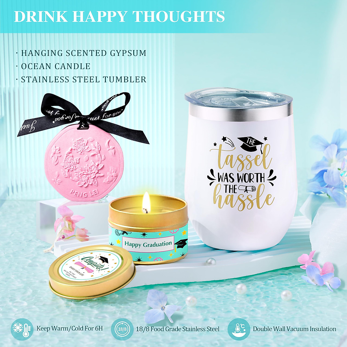 Graduation Gifts for Her 2025, College Graduation Gifts Basket Congratulations Gifts Set for Graduates Daughter Friends Nurse Insulated Tumbler Beach Towel Pouch Bag Candle Socks for Class of 2025