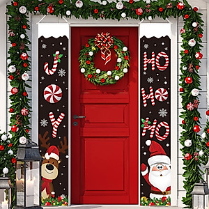 Christmas Porch Sign Decoration Christmas Hanging Banner with Santa Claus Deer Outdoor Xmas Banner Front Door Sign Banner for Indoor Outdoor Holiday Home Decoration