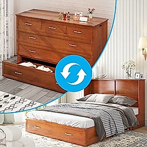 Mjkone Murphy Cube Cabinet Bed with USB Charging Station, Murphy Bed Cabinet with Large Drawer & Folding Mattress, Queen Size Bed Frame for Guest Room, Home, Office - Cherry