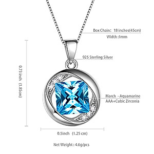 Aurora Tears March Birthstone Pendant Necklace Women 925 Sterling Silver Round Birthstones Created Aquamarine Blue Crystal Mar. Birth Stone Jewelry Birthday Gift DP0029M