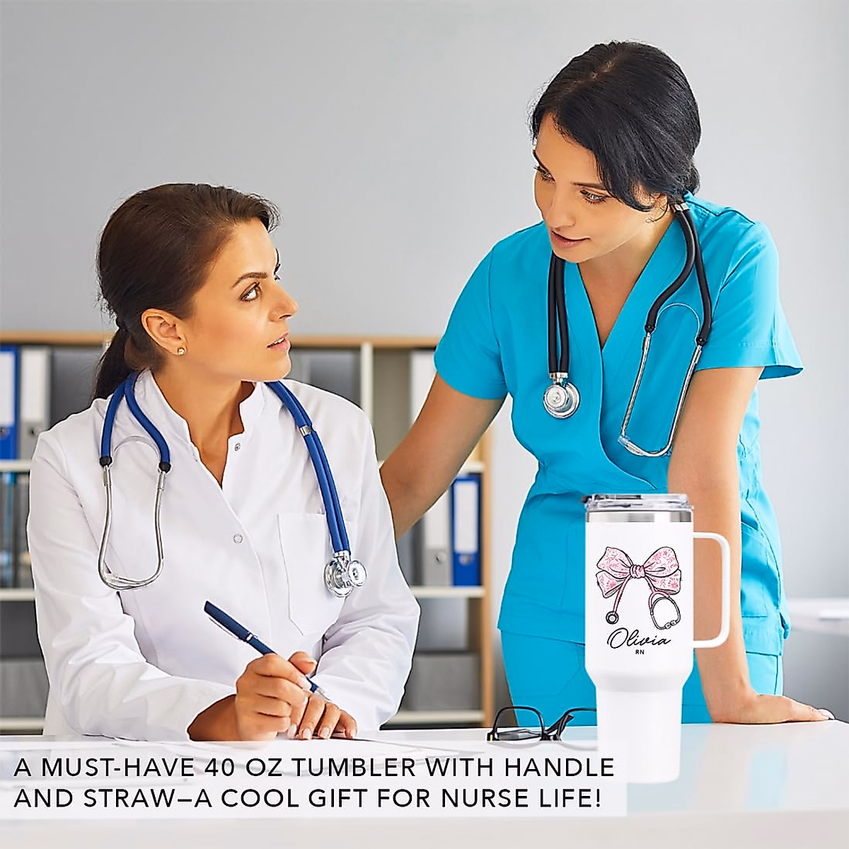 Andaz Press Personalized 40oz Tumbler with Handle, Lid and Straw, Coquette Bow Custom Name 40 oz Tumbler Travel Mug, Nurse Appreciation Gifts Custom Mug with Name Nurse Gifts for Women Nursing Student