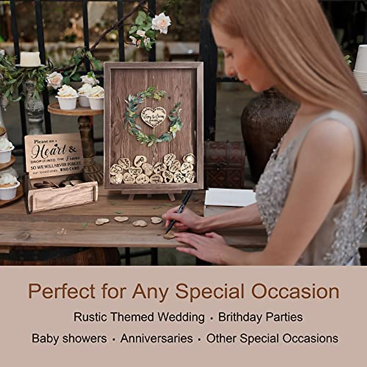 Y&K Homish Wedding Guest Book Alternative, Rustic Wedding Decorations for Reception, Favors for Guests 80 Hearts Green Wreath (Rustic Brown)