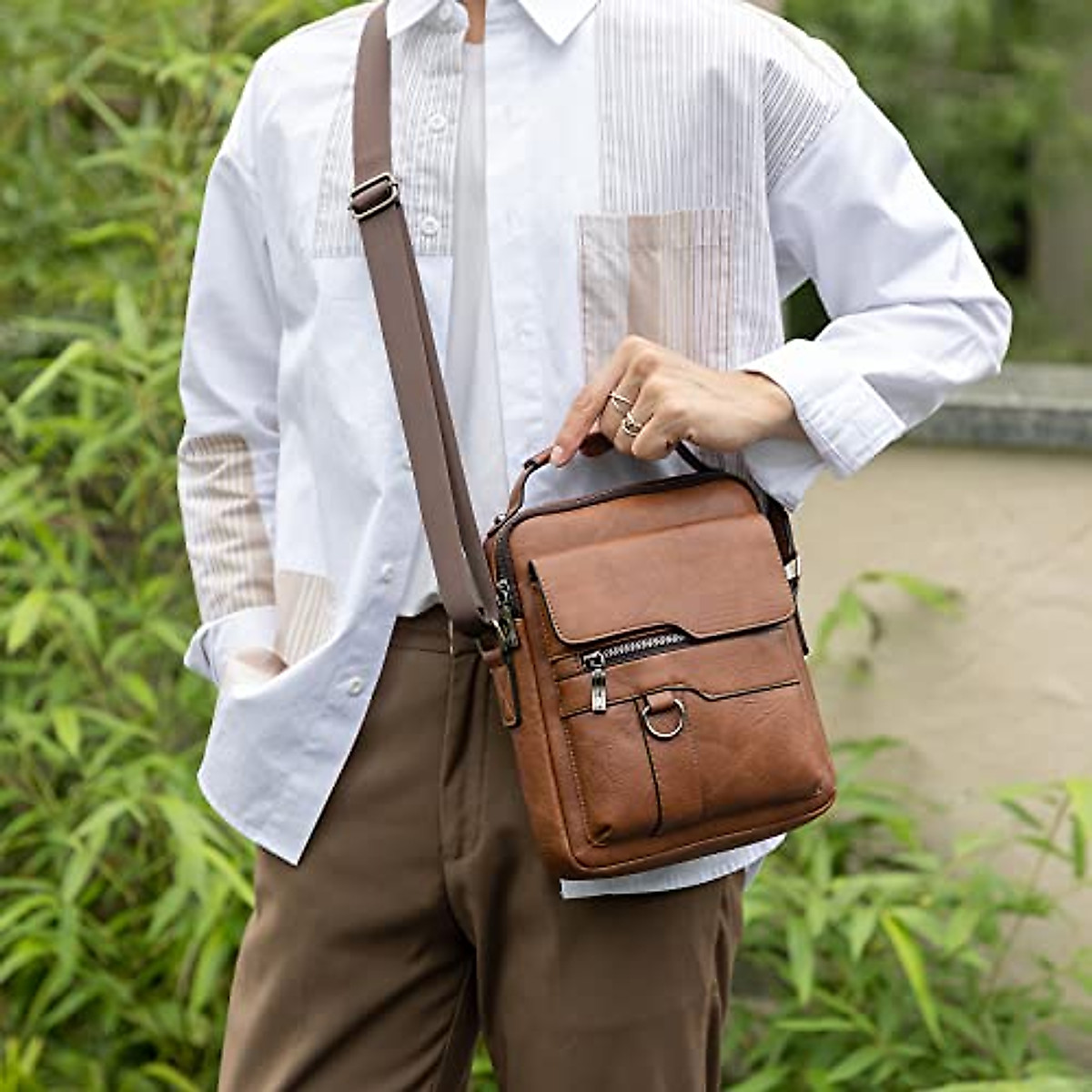 HANGMAI Small Crossbody Bag for Men Leather Shoulder Bags Messenger Man Purse Handbag Travel for iPad 9.7" Office Business Brown