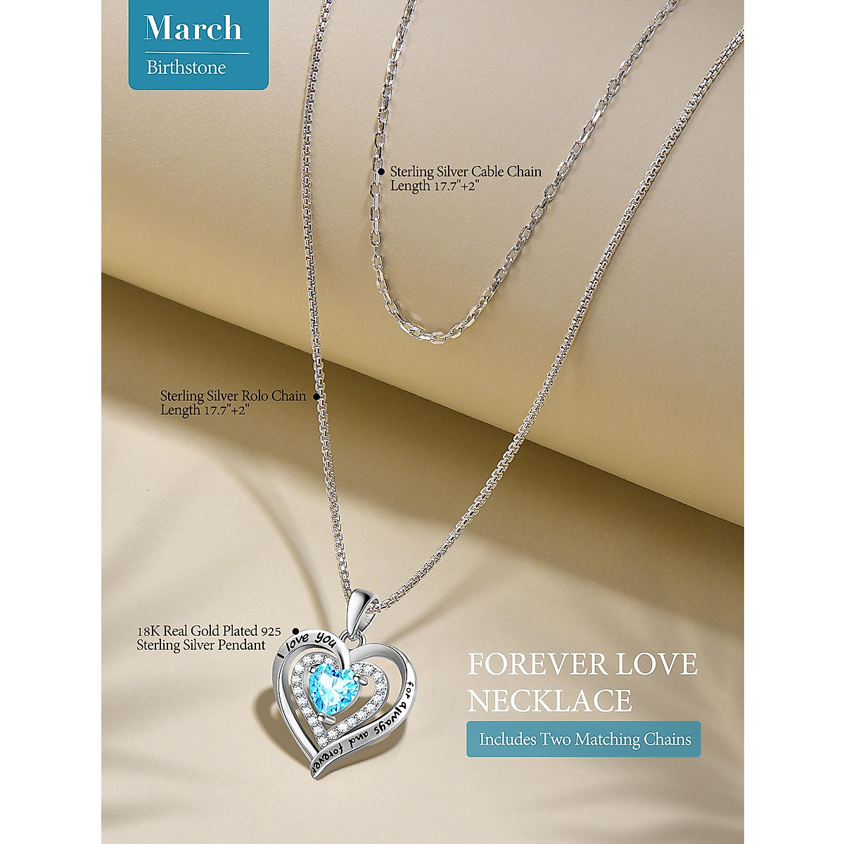 March Birthstone Necklace for Women Sterling Silver Forever Love Heart Pendant Created Aquamarine Necklace Jewelry Anniversary Birthday Gifts for Wife Grandma, 2PCS Silver Chains Length 17.7"+2"