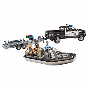 Bruder RAM 2500 Police Pickup with L + S Module Trailer, Boat and 2 Figures