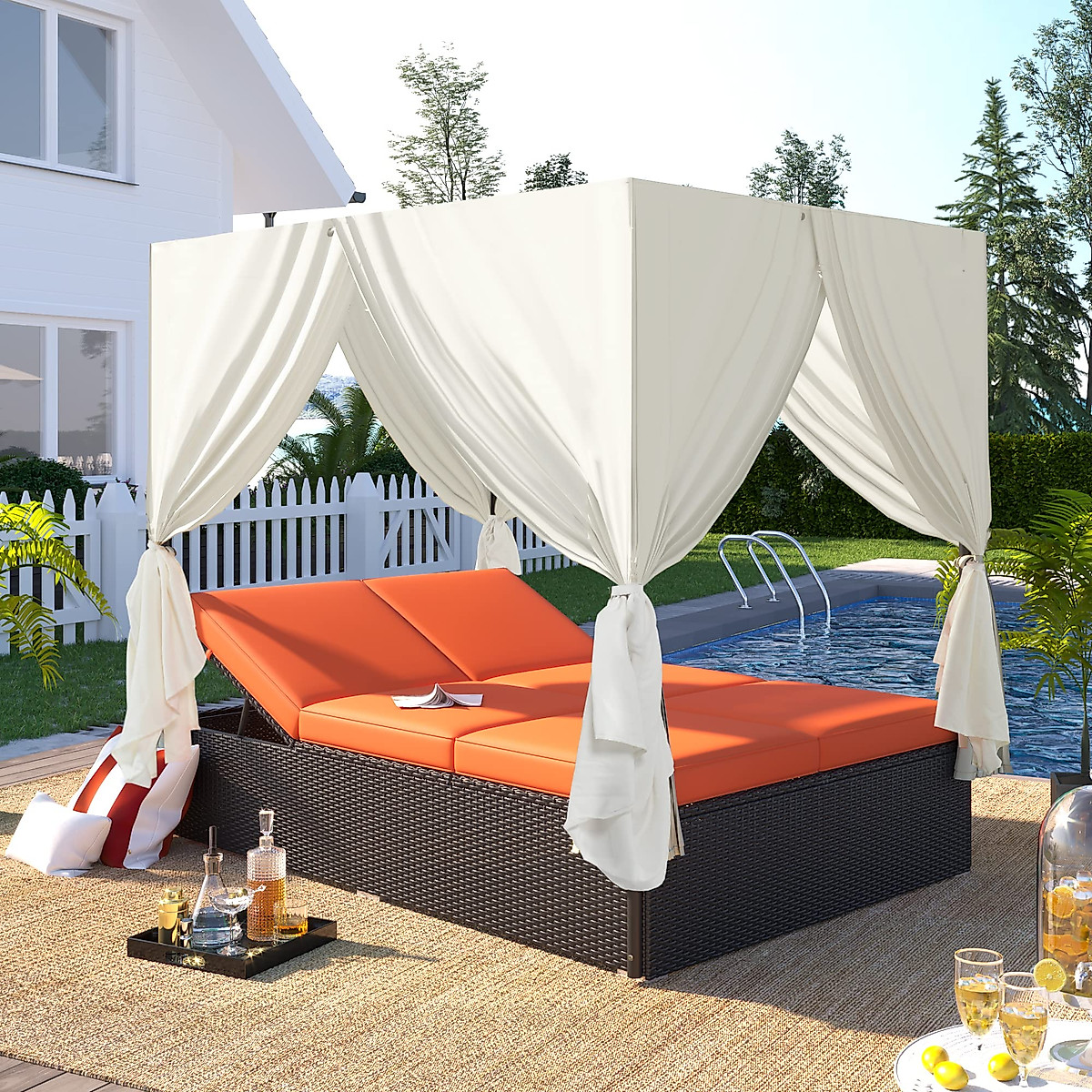 Merax Outdoor Patio Wicker Sunbed Daybed with Canopy, Overhead Curtains, Cushions, Lounge Chairs with Adjustable Seats, 53.5", Orange