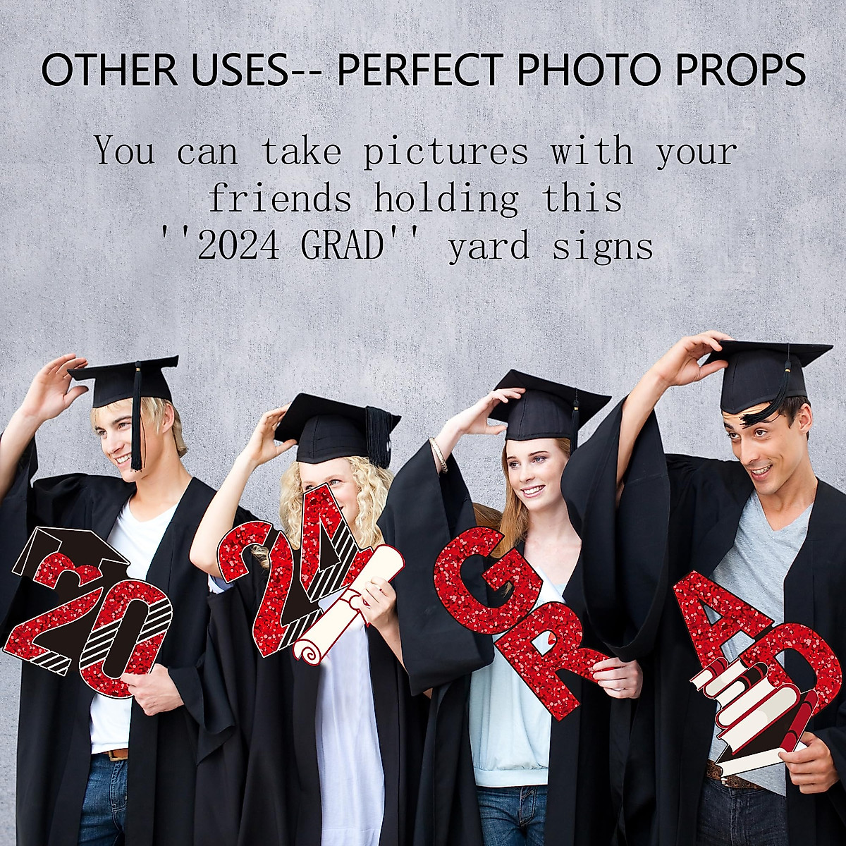 URATOT Red ''2024 GRAD'' Yard Signs Including 4 Pieces Glittering Graduation Yard Signs with 8 Pieces Stakes Party Outdoor Decorations, Waterproof Lawn Decor, Graduation Party Supplies