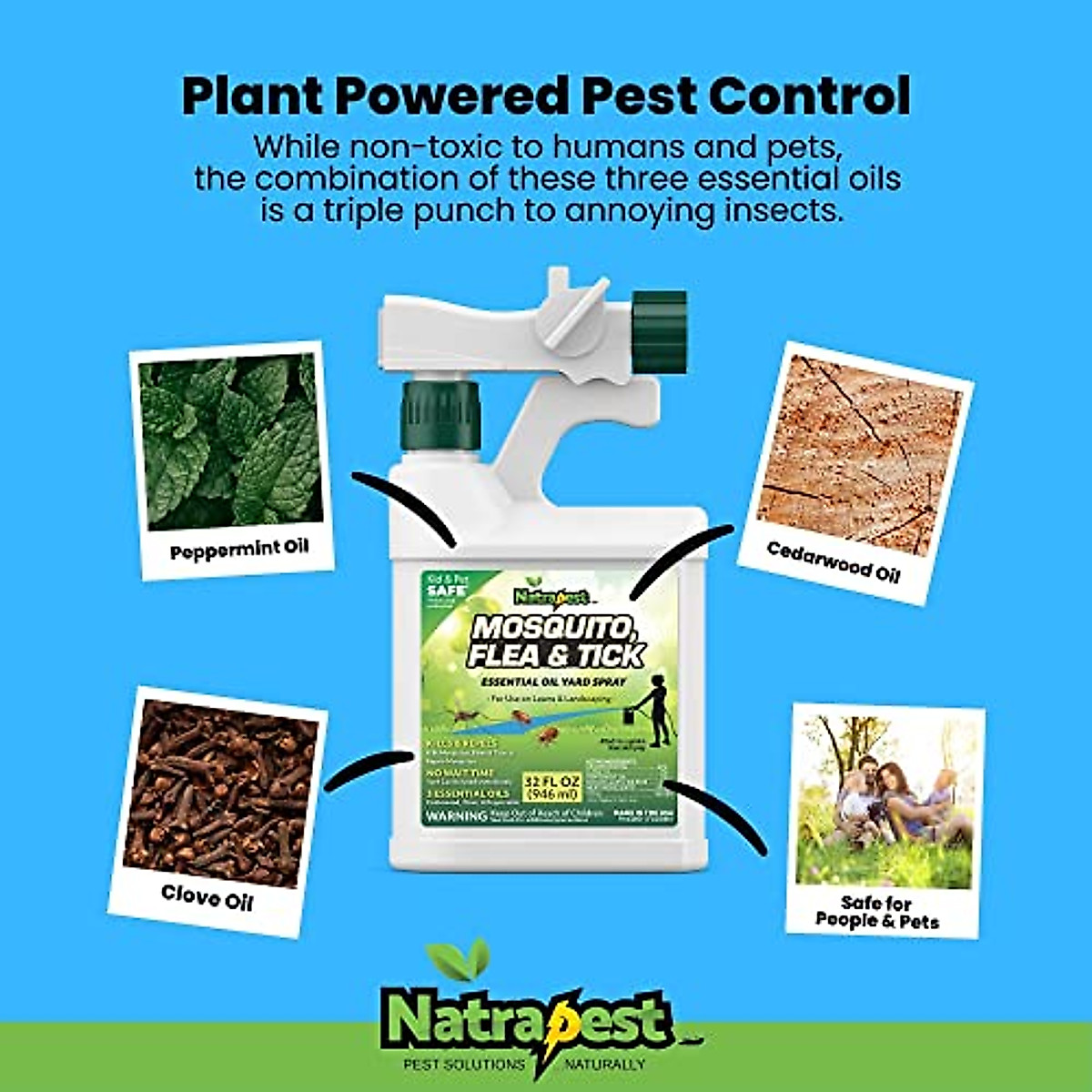 Natrapest Yard Spray - Ready to Use Flea, Tick & Mosquito Yard Spray with Natural Essential Oils - Plant Based Formula is Plant, Pet & Kid Safe - Insect Killer, Treatment & Repellent - 32 oz