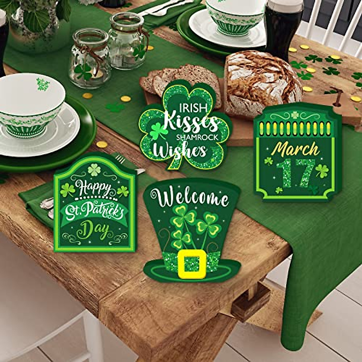 4 Pieces Table Sign Happy St Patricks Day Tabletop Decoration Lucky Shamrocks Wooden Wood Decor Irish Tiered Tray Décor for St. Patrick's Day Party Table Ornaments