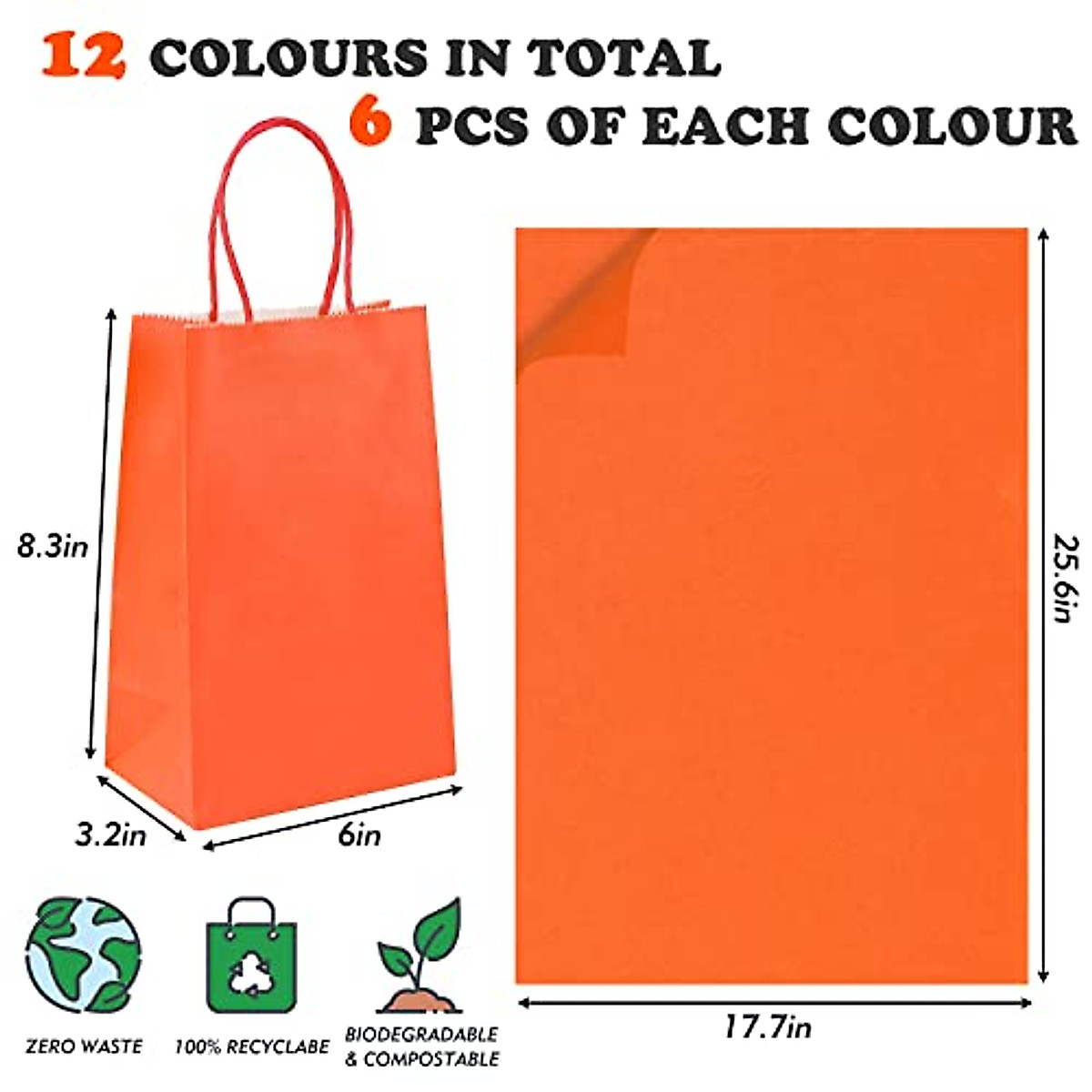 TOMNK 72 Pieces Small Gift Bags with 72 Tissue Paper 12 Colors Bulk Party Favor Bags with Handles, Rainbow Paper Bags Goodie Bags for Christmas Day, Wedding, Baby Shower, Birthday, Party and Gifts