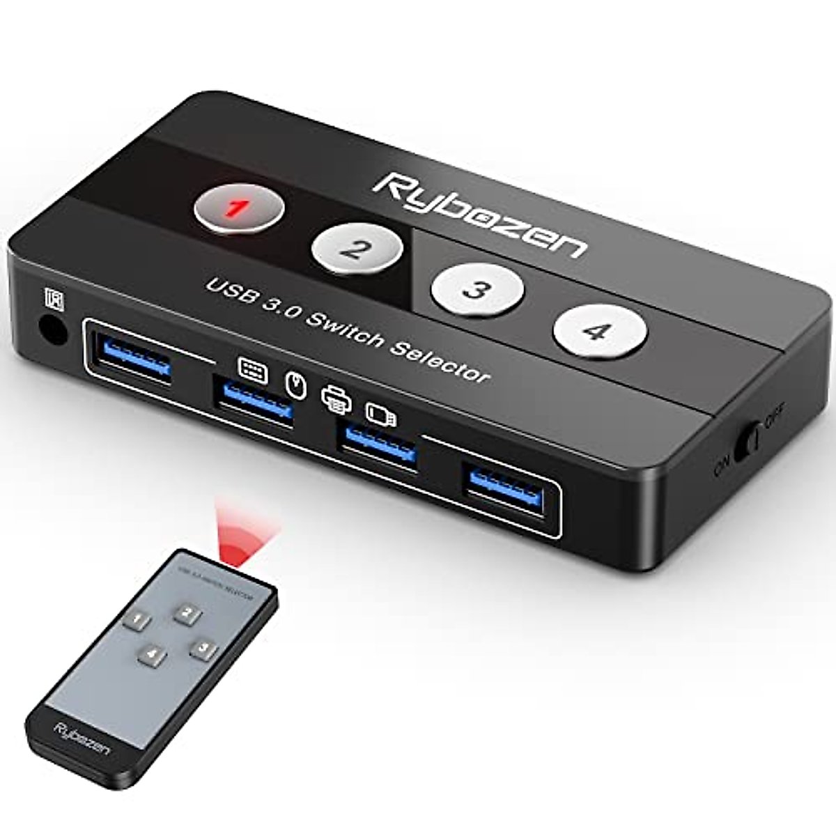 Rybozen USB 3.0 Switch 4 Ports for 4 PC 4 Inputs 4 Outputs USB Switch for Printer Keyboard Mouse Stick USB Hard Drive External Scanner, with Remote Control…