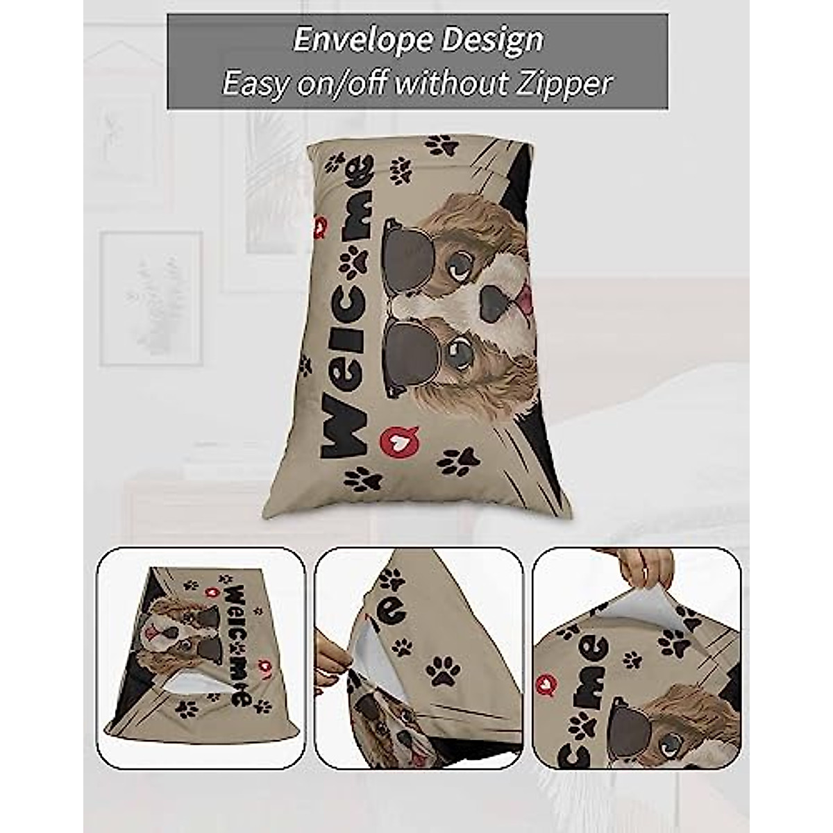 Edwiinsa Cute Love Heart Dog Pillow Covers Standard Size Set of 2 20x26 Bed Pillow, Black Paws Rustic Beige Welcome Plush Soft Comfort for Hair/Skin Cooling Pillowcases with Envelop Closure