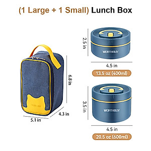 TiLeMiun Portable Insulated Lunch Containers Set, Microwave Safe Thermal Lunch Box For Kids & Aldults, 18/8 Stainless Steel Leakproof Food Container With Bag (Blue 2Pcs 34oz)