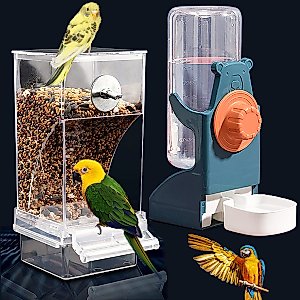 Kenond No Mess Bird Feeder Water Dispenser set, Automatic Parrot Feeder Cage Accessories, Clear Parakeet Seed container Food Feeder Drinker for Cage, Cockatiel Finch Lovebirds Budgies Canary (Blue)