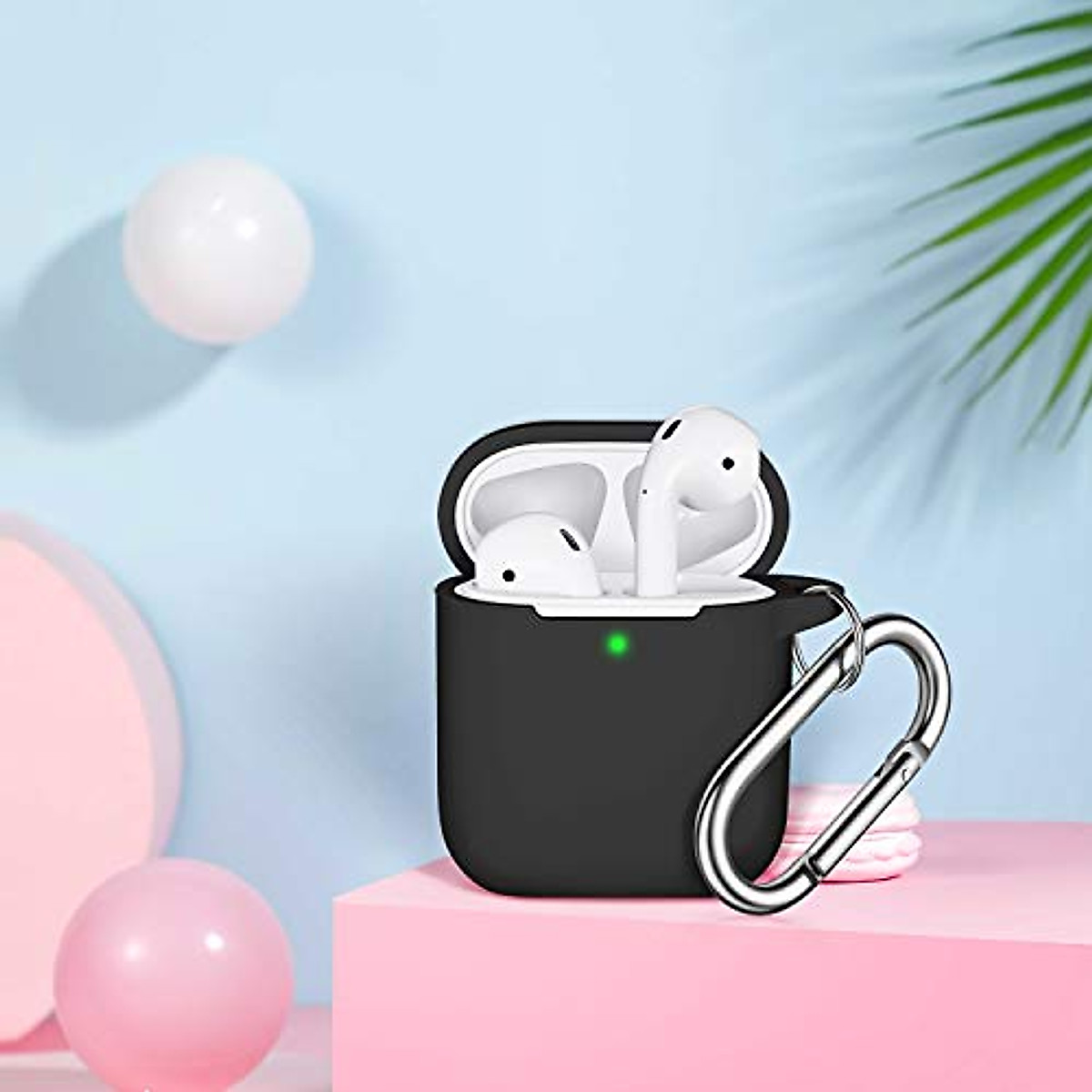 R-fun AirPods Case Cover, Soft Silicone Protective Cover with Keychain for Women Men Compatible with Apple AirPods 2nd 1st Generation Charging Case, Front LED Visible-Black