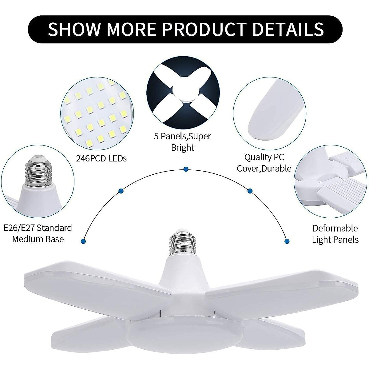 FOROUREYES 60W E27 E26 LED Bulb 120V Foldable Angle Adjustable Cold White 6500K No Flicker Superbright Lamp for Warehouse Garage Shopping Mall Lighting