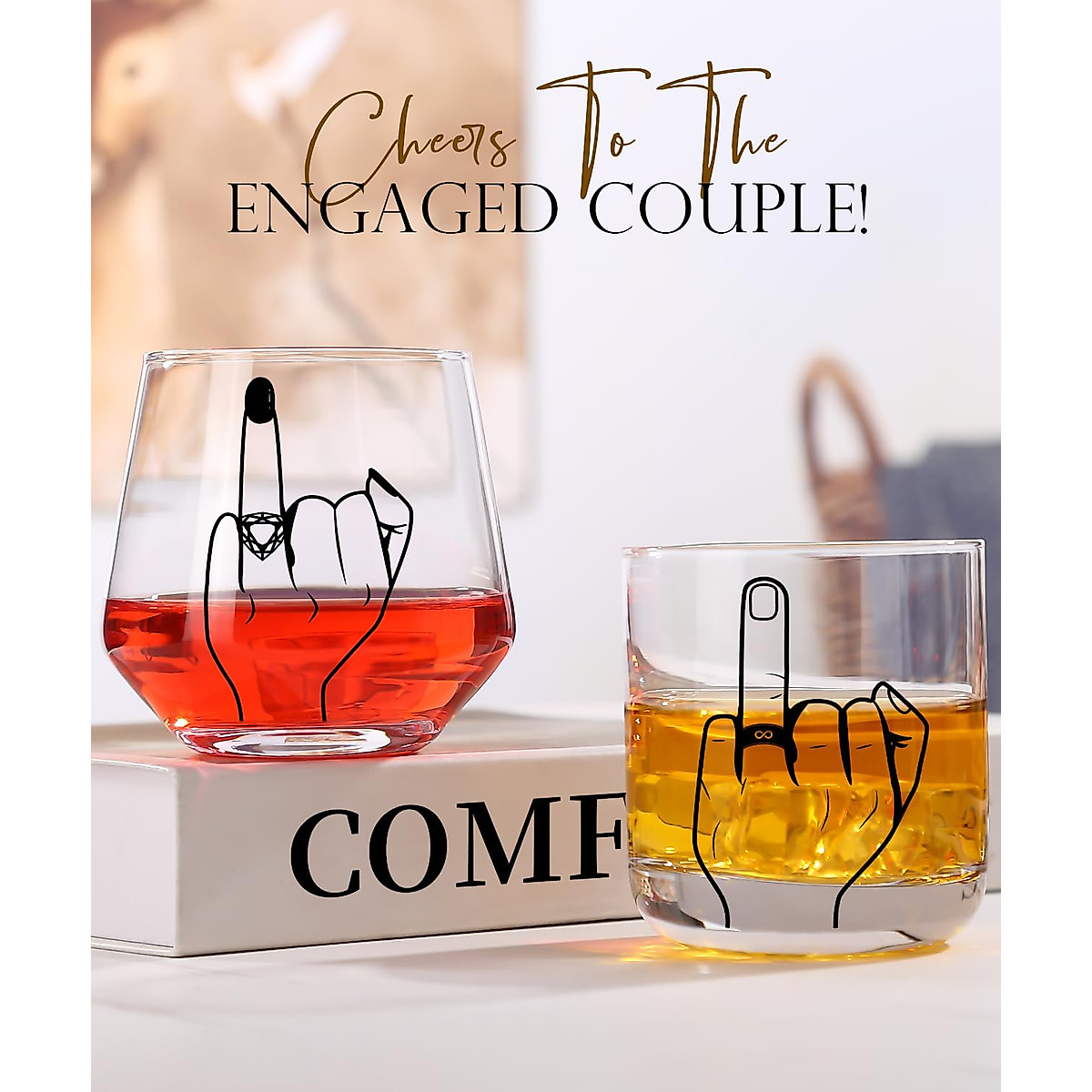 comfit Wedding Gifts for Couples, Ring Finger Wine&Whiskey Glass Set, Funny Engagement Gifts for Couple, Bride and Groom Just Married Gift, Mr and Mrs Newlyweds Bridal Shower Gifts