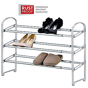 Tatkraft Maestro Heavy Duty 3 Tier Shoe Rack, Expandable Entryway Shoe Organizer, Easy to Assemble, Chrome Plated Steel