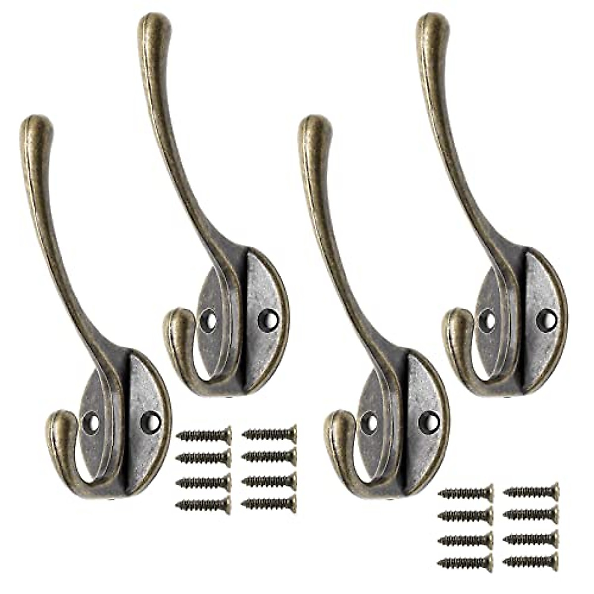 Bonsicoky 4 PCS Farmhouse Wall Mounted Coat Hooks, Decorative Heavy Duty Double-Hook Wall Hooks with Screws for Coats Bags Hats Towels - Black