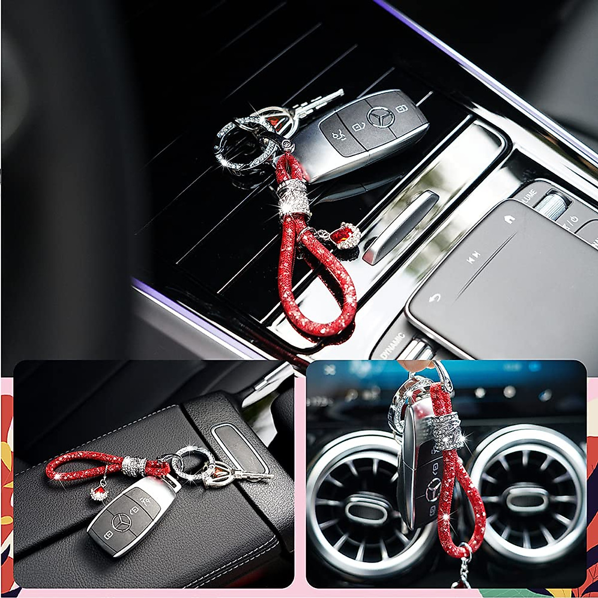 Bling Crystal Car Keychain for Women, Keychain Accessories With Bling Rhinestones, Fashionable Car Key Chain for Car Keys for Honda/MercedesBenz/Audi/BMW/Hyundai/Nissan/Mazda/Chvey/Toyota (Red)