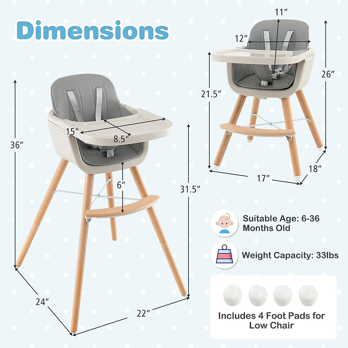 HONEY JOY High Chair, 3-in-1 Eat & Grow Wooden Highchair/Toddler Chair with Removable Tray, 5-Point Harness, PU Cushion and Footrest for Baby, High Chair for Babies and Toddlers(Gray)