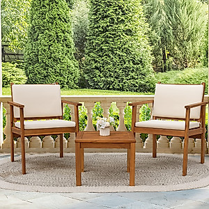 Flamaker Patio Chairs 3 Piece Acacia Wood Patio Furniture with Coffee Table & Cushions Outdoor Conversation Set Balcony Chairs for Porch, Deck, Backyard