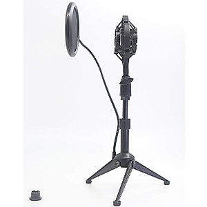 Desktop Microphone Tripod Suspension Stand with Shock Mount Anti-Vibration Mic Holder and 4" Round Mask Shield Double-Net Wind Screen Pop Filter (Large, Black)