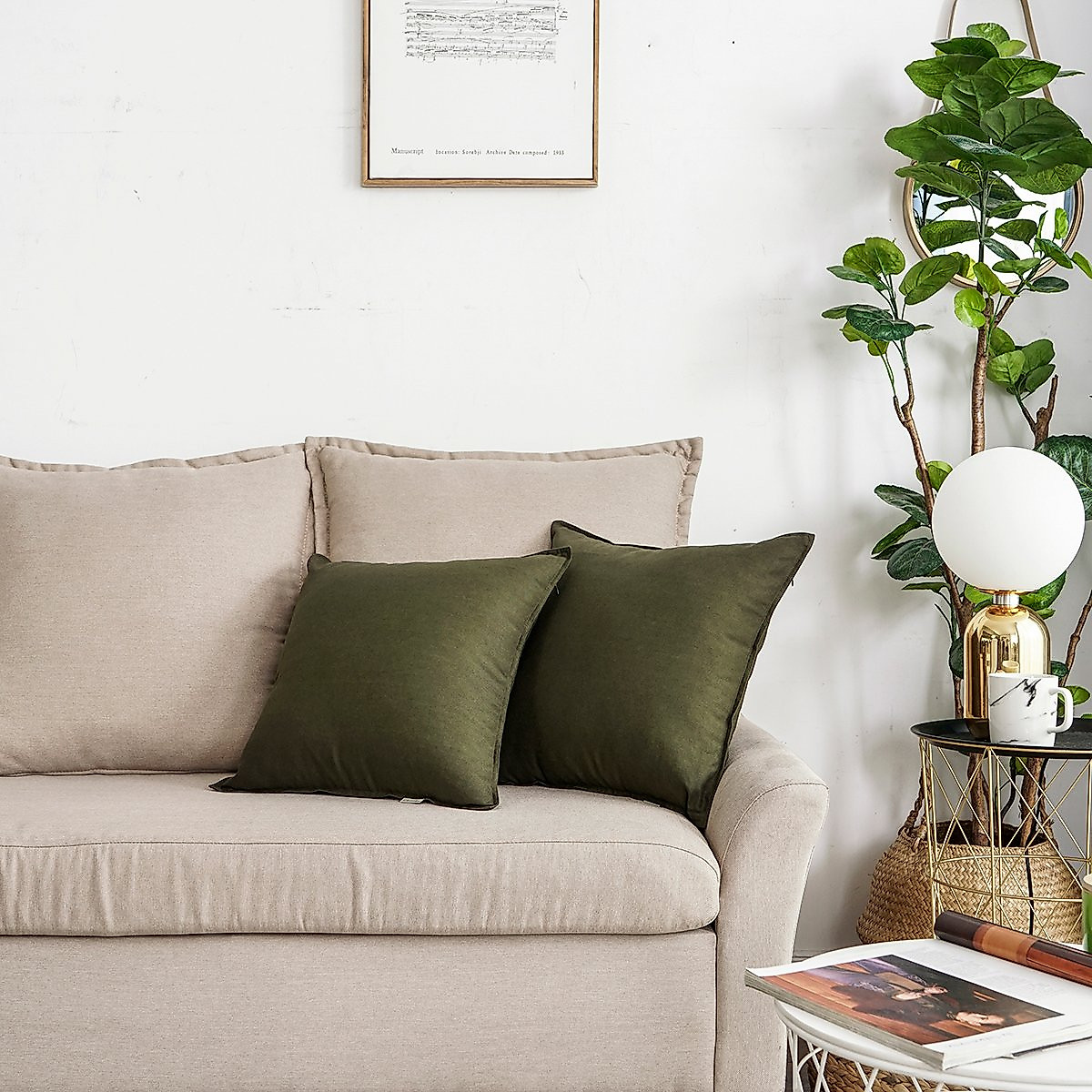 Jeanerlor SureGuard Pillowcase Cousion Cover Decor Cotton Linen with Unique Design to Embellish Study Room/House/Office, 20"x20"(50 x 50cm),Olive Green