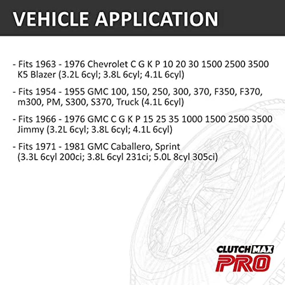 ClutchMaxPRO Performance Stage 2 Clutch Kit Compatible with 1954-1981 Chevy GMC C G K P 10 20 30 1500 2500 3500 15 25 35 1000 K5 Blazer Jimmy Pickup V6 3.2L 3.8L 4.1L (CP04022HD-ST2)
