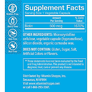 The Vitamin Shoppe Biotin 500MCG, Nutrient Metabolism Support for Healthy Vibrant Hair, Healthy Skin and Strong Nails (300 Veggie Capsules)