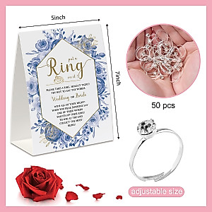 Put A Ring on It Game(50 Rings with One Sign), Don't Say Wedding or Bride Game, Fun Bridal Shower Game, Bridal Shower Decorations Geometric Frame Blue Floral-JZDS07