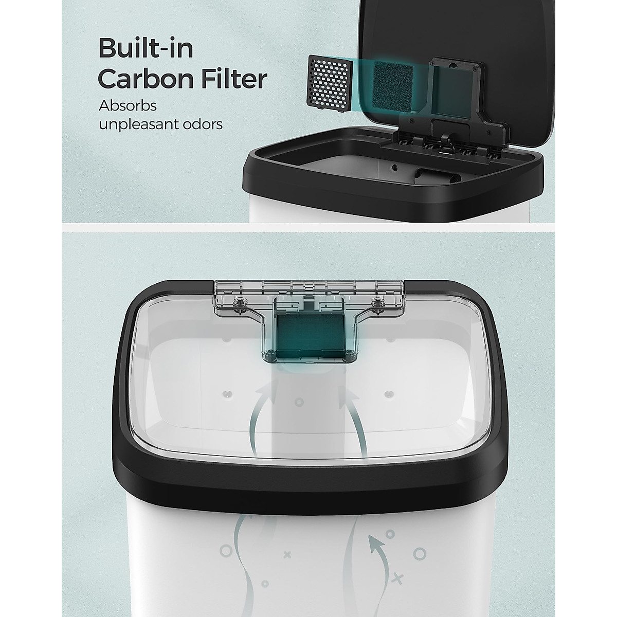 SONGMICS Kitchen Trash Can, 13 Gallon (50 L) Stainless Steel Garbage Can, with Stay-Open Lid and Step-on Pedal, Soft Closure, Tall, Large and Space-Saving, White and Black ULTB530W50