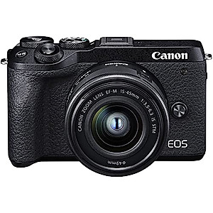 Camera EOS M6 Mark II Mirrorless Camera with 15-45mm Lens and EVF (Black) with 64GB Memory, Padded Carrying Bag, High Speed Card Reader + More (18 Items)