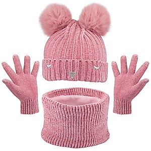 MAYLISACC Toddler Gloves Girl Hats and Gloves Set Kids 3 Pack Toddler Hat and Gloves Winter Warm Pom Beanie Hat Fleece Lined Neck Warmer Gloves Set Girls Hat Scarf and Glove set Scarfs for Girls Pink