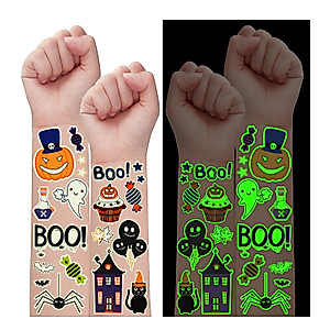 Partywind 135 Styles Luminous Halloween Tattoos, Glow Halloween Treats for Kids Party Supplies Favors Decorations, Cute Halloween Games Toys for Trick or Treat Party (12 Sheets)