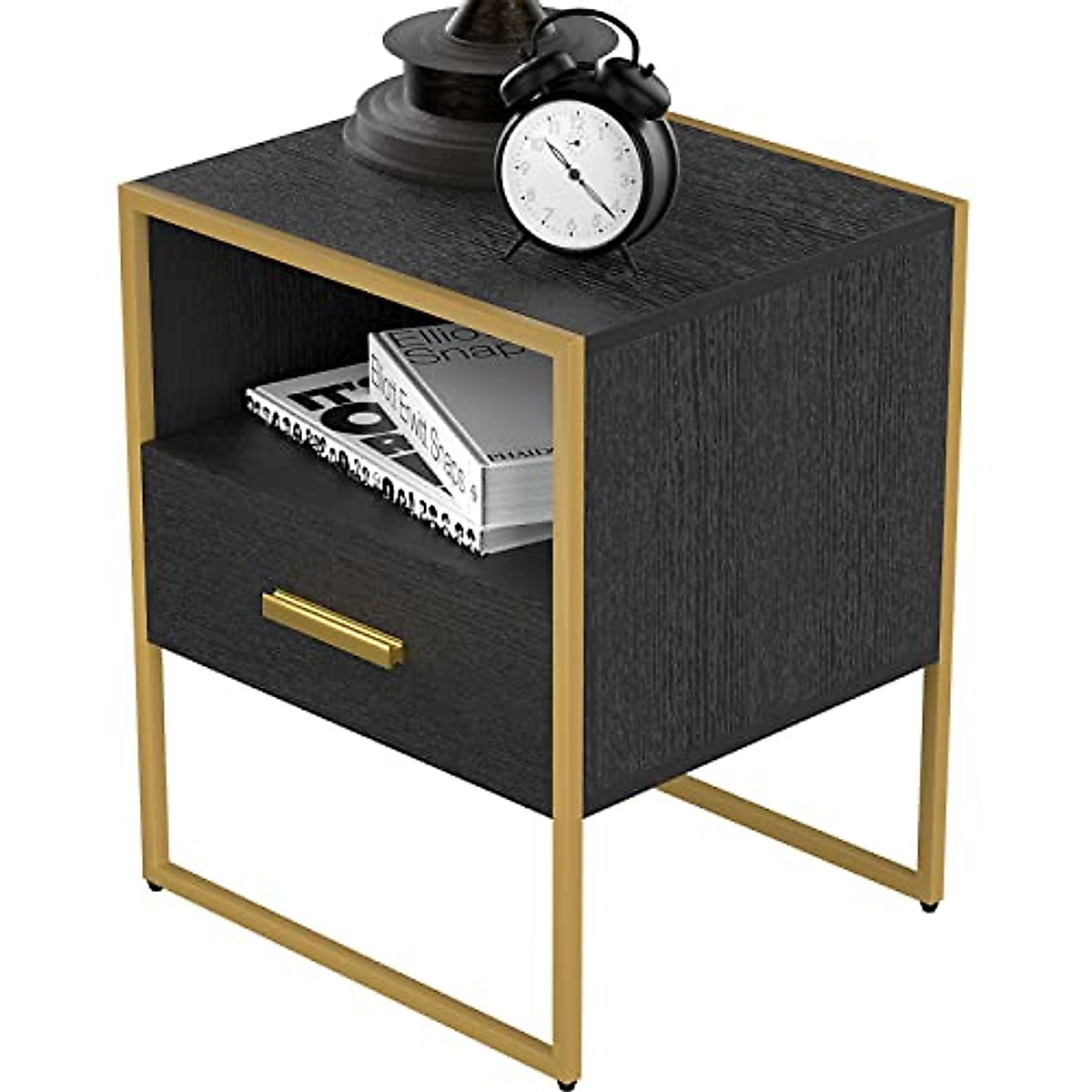 Black Nightstand Set of 2 with 1 Drawer and Open Storage, Black and Gold Modern Night Stands, Wooden Storage Bedside Tables with Metal Frame, Small End Side Table for Bedroom, Living Room