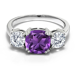 Gem Stone King 925 Sterling Silver Amethyst and Forever Classic Moissanite From Charles & Colvard 3 Stone Engagement Ring For Women | 3.10 Cttw | Gemstone February Birthstone | Cushion 8MM