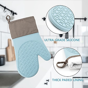 LB Silicone Oven Mitts Heat Resistant Oven Mitts Set with Soft Quilted Cotton Lining, Gloves Pot Holders and Oven Mitts Sets for Kitchen Cooking and BBQ, Easy Clean 2-Piece Set (Blue)