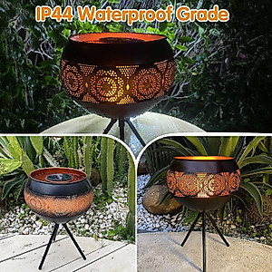 Larekook Outdoor Lantern Flickering Flame Light Solar Floor Lamp Waterproof Retro Lantern Metal Brazier Light Decor for Yard Patio Garden （Auto On/Off）