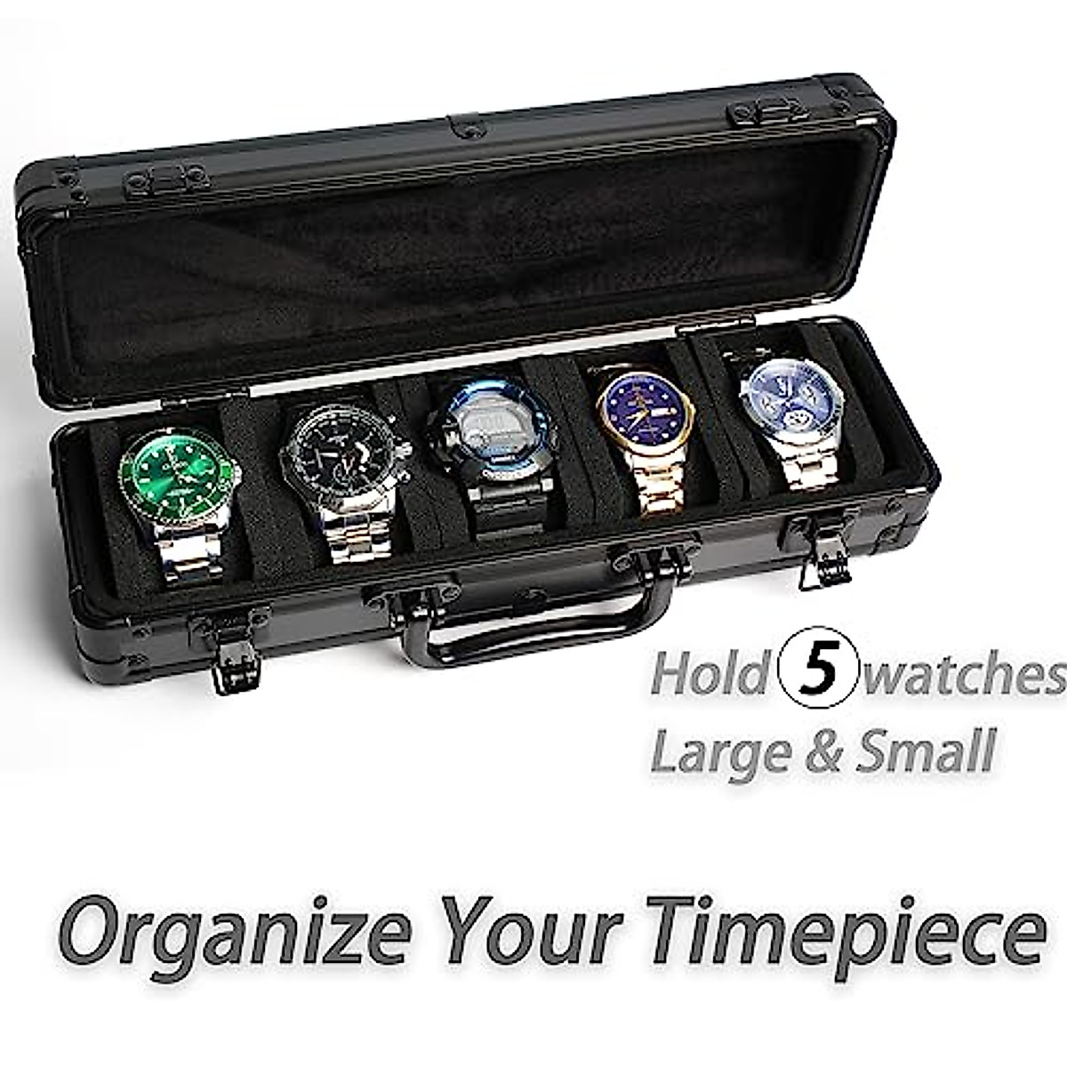 RIGICASE Aluminum 5 slots Hard men's watch box case, Luxury watch display storage organizer box with soft foam pillows snug fit all size watches up to 60mm face