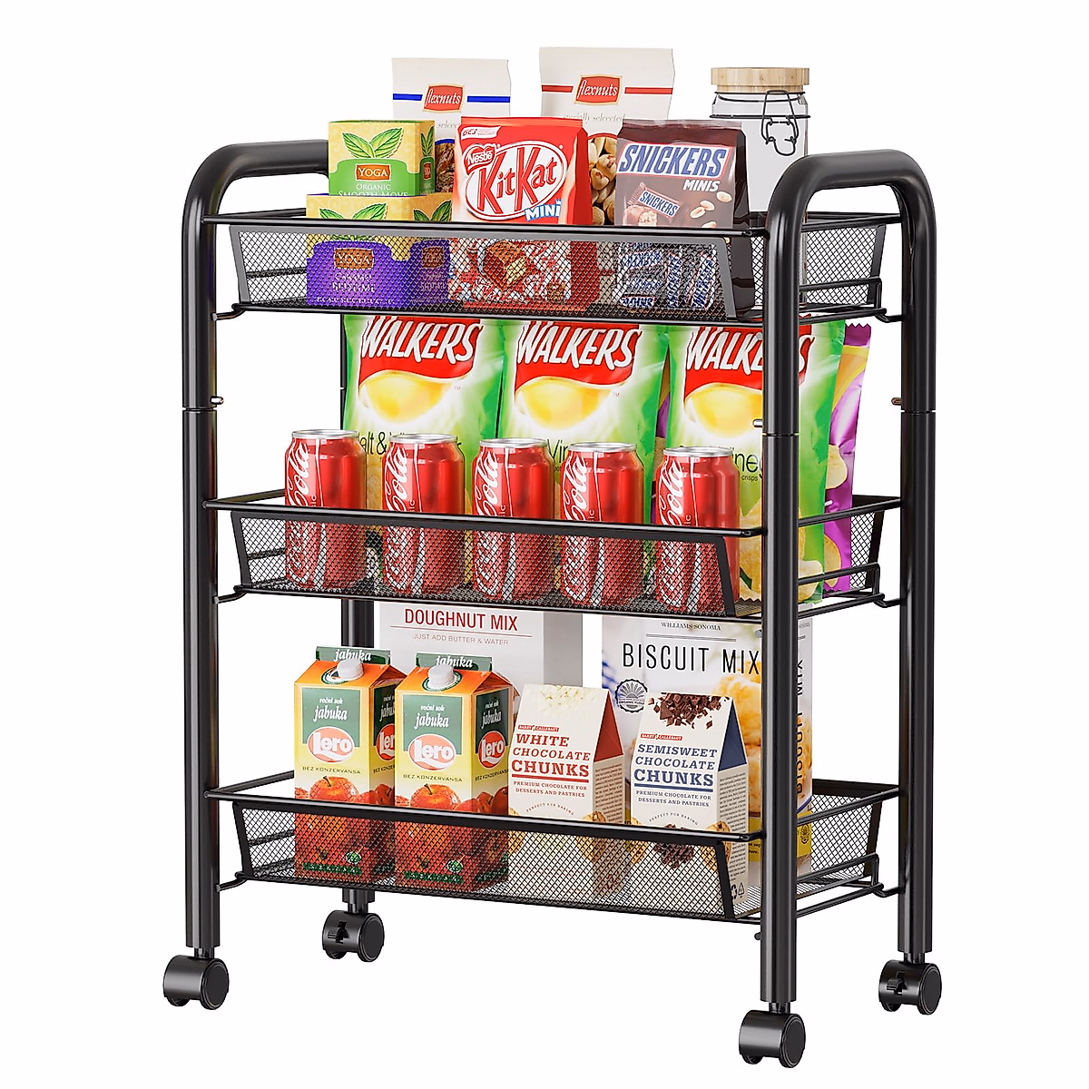 Pokfeic 3-Tier All Metal Rolling Utility Cart, Rolling Metal Organization Cart with Lockable Wheels, Easy Assembly Mobile Utility Cart for Kitchen, Bathroom, Office, Workshop, Rolling Storage Cart