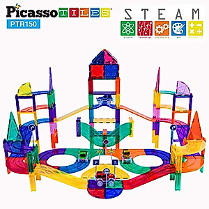 PicassoTiles 150 Piece Race Car Track Building Block Educational Toy Set Magnet Tile Magnetic Blocks Playset 4 Cars Early STEM Learning Construction Kit Hand-Eye Fine Motor Skill Brain Training PTR150