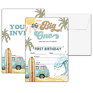Chuxvon 1st Birthday Party Invitations, Surf Birthday Invitations, Double-Sided Retro Surf Van Surfboard Themed Fill In Invites, Beach Birthday Party Decorations, 20 Cards With 20 Envelopes(B01)